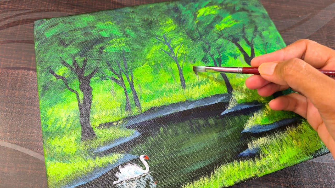 Green Forest Painting / Acrylic painting for Beginners / Easy Forest ...