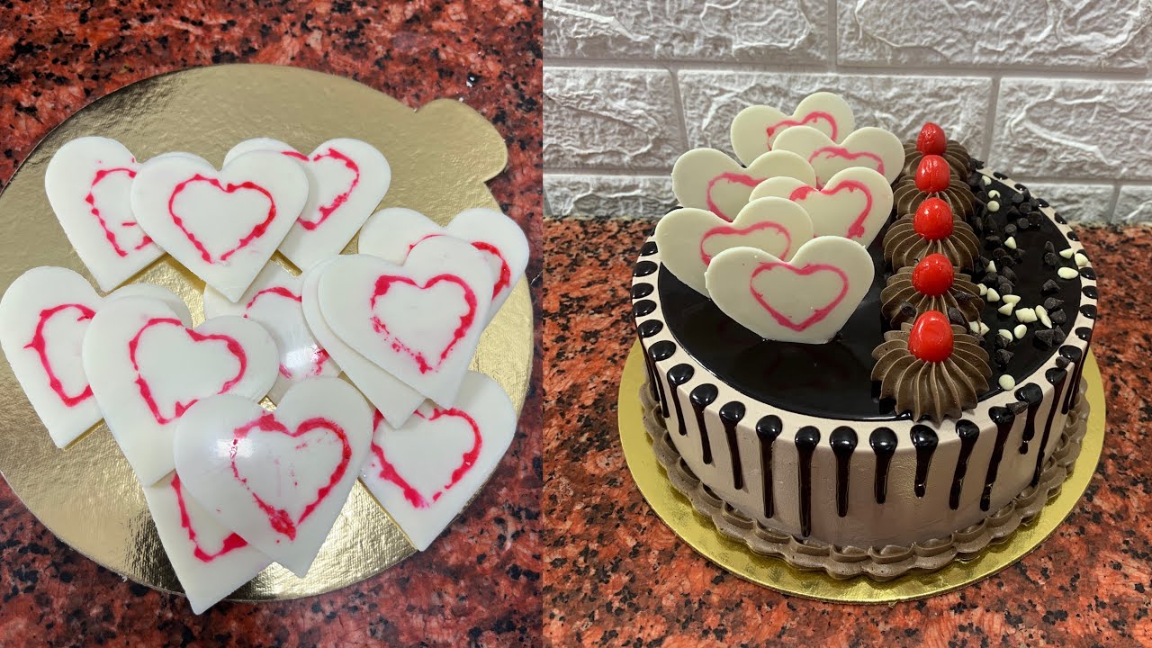 Chocolate Drip Cake with White Chocolate Heart Toppers & Cherry Garnish ...