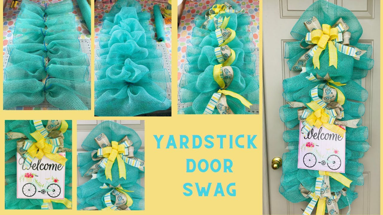 SPRING WELCOME YARDSTICK DOOR SWAG WREATH CENTERPIECE GARLAND DIY MESH RUFFLES & POOFS BOW ...
