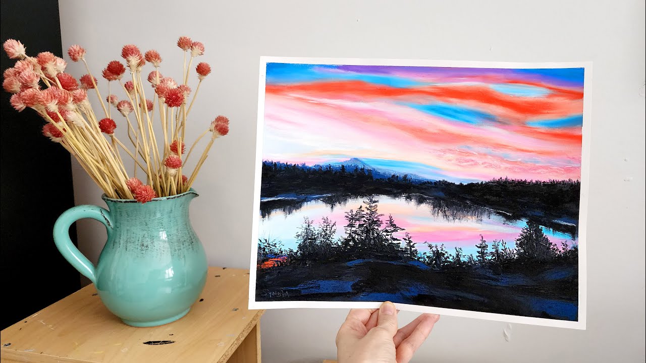 OIL PASTEL with Gesso? (Vibrant Sunset Sky Painting) - YouTube