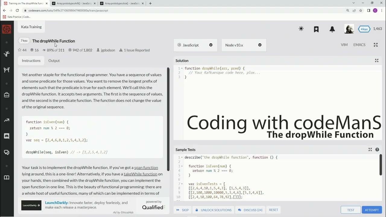 Codewars 7 kyu The dropWhile Function Javascript - YouTube