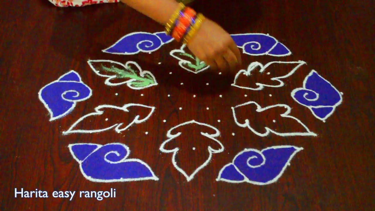 Shanku & Leaf rangoli design for Maha shivaratri with 13x7 dots | Easy ...