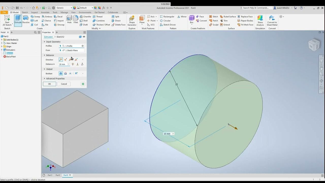 #4 - Creating Dimensioned Circles and Extruding Them - Autodesk Inventor - YouTube