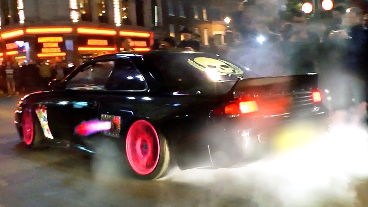 Nissan S14 w/ side-exhaust - Flames, burnout and drift in London! - YouTube