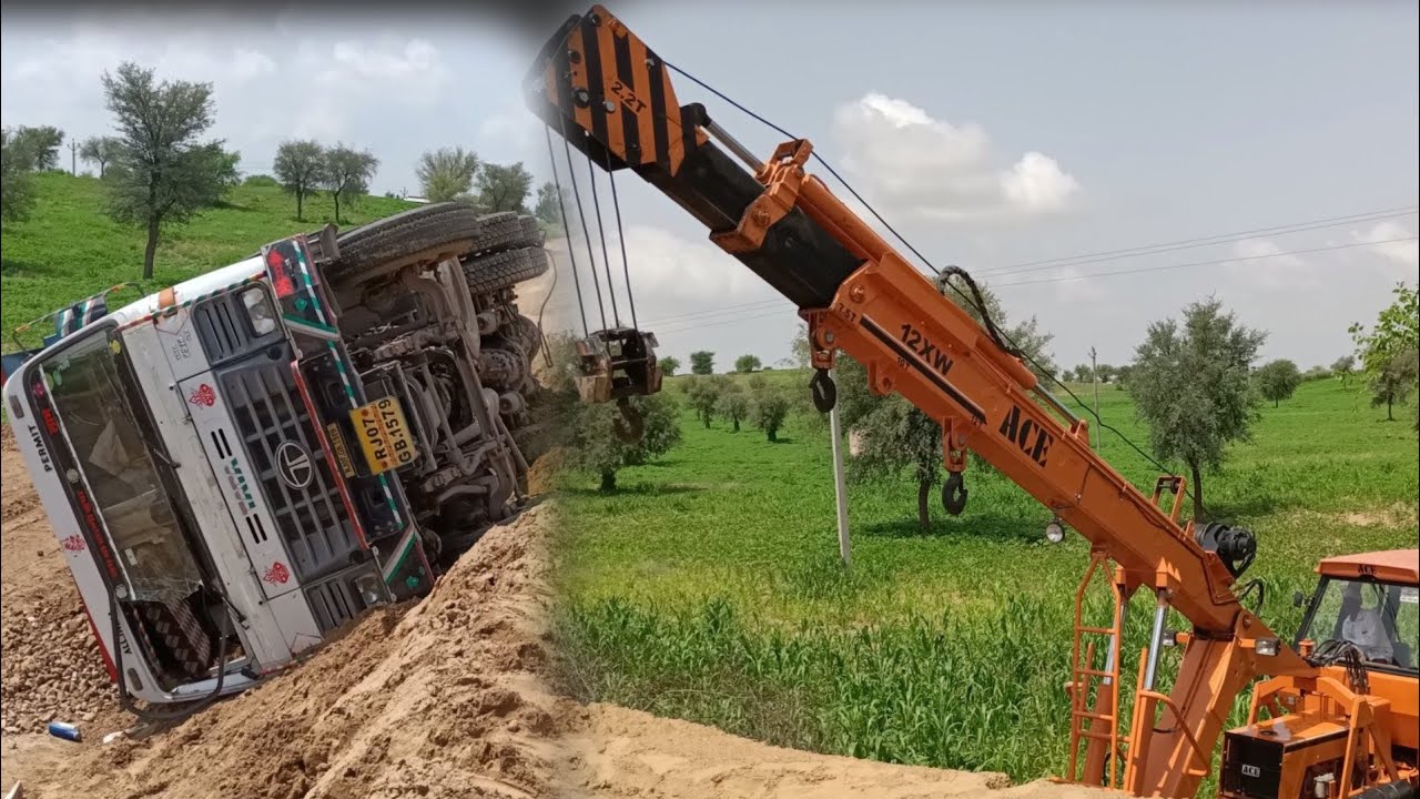 TATA Dump Truck Jumped on the road By 1 cranes ACE Hydra Escort Hydra ...