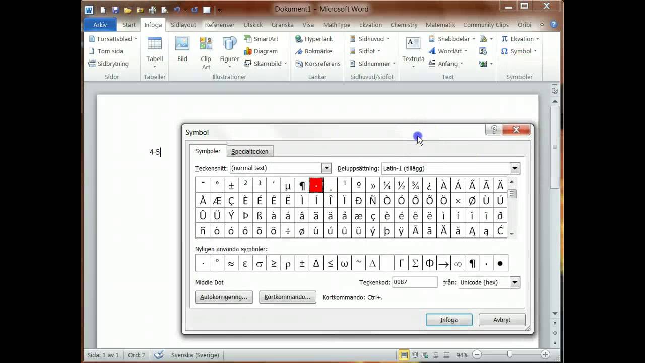 Infoga matematiska symboler som multiplikationspunkt i Word - YouTube