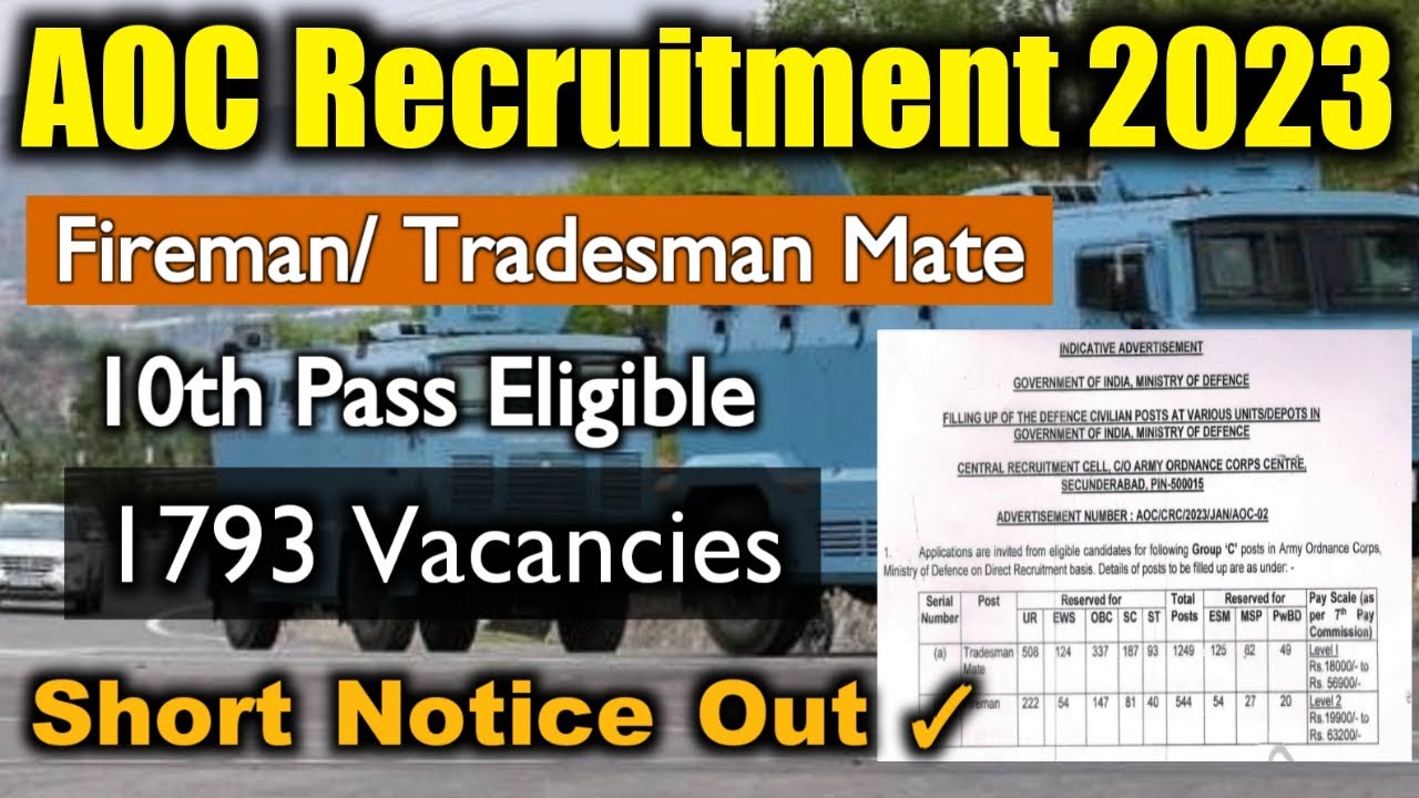 AOC Fireman & Tradesman Mate Recruitment 2023 🔥 Army Ordinance Corps ...