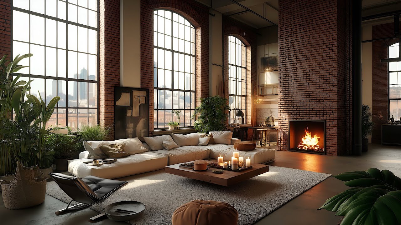 Relaxing Cozy Loft Ambience | Crackling Fireplace & City View - YouTube