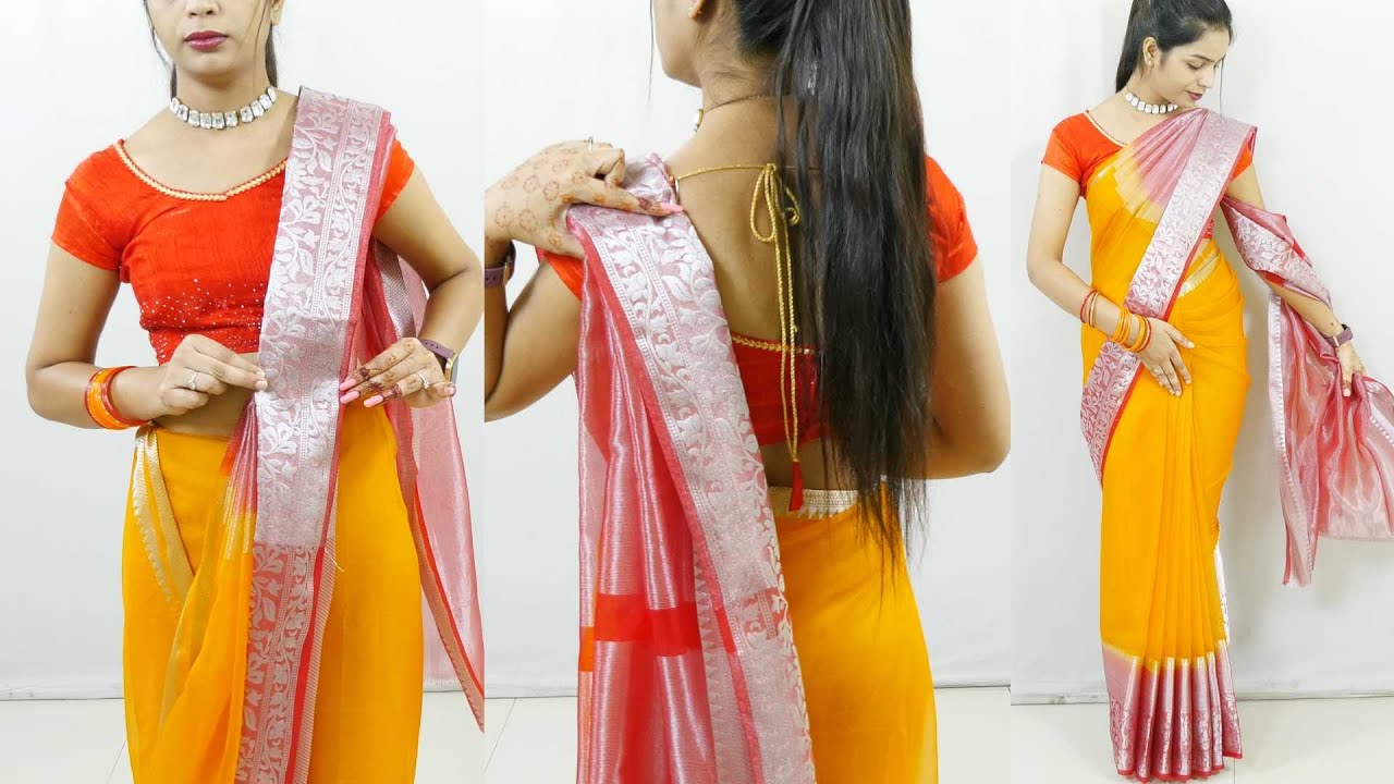 Organza saree draping tutorial step by step for beginners | Easy saree ...