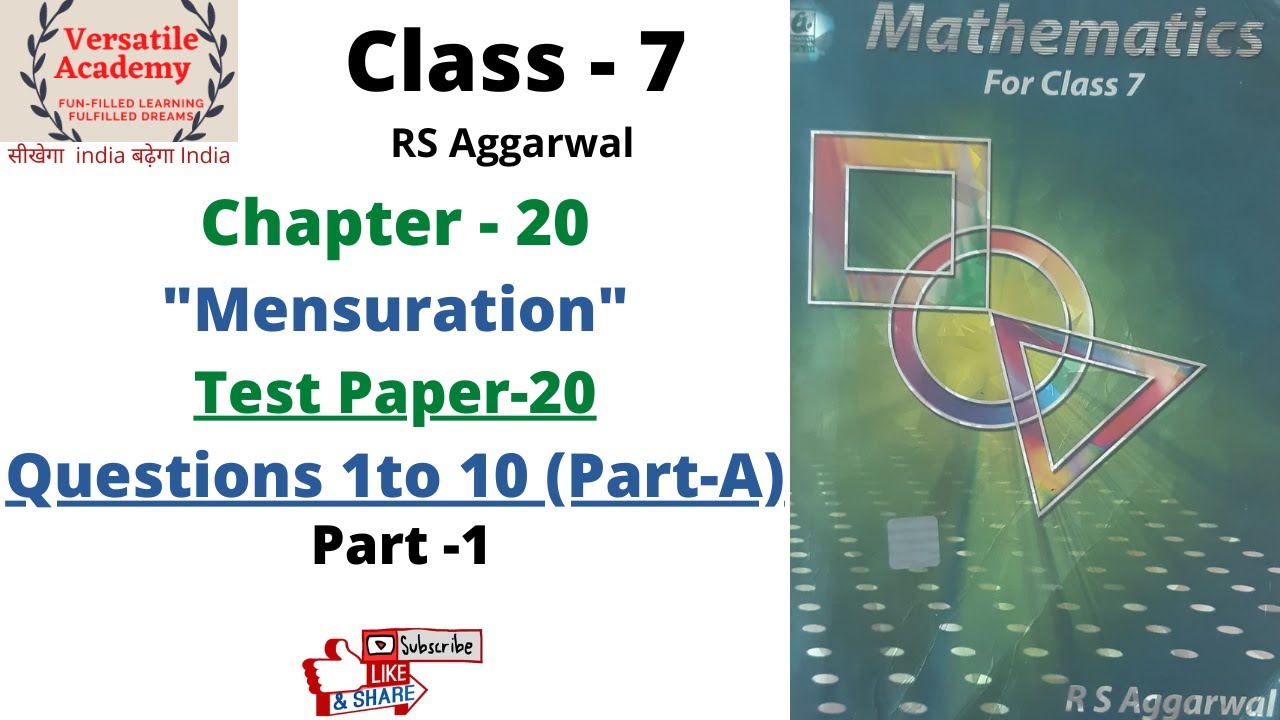 Class - 7| Chapter - 20 |"Mensuration" |RS Aggarwal |Test Paper-20 ...
