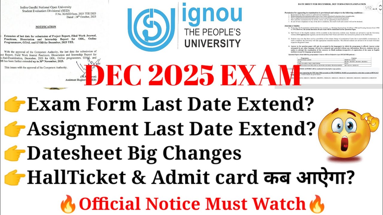 IGNOU December 2025 Exam Form & Assignment Last Date Extend? Datesheet ...