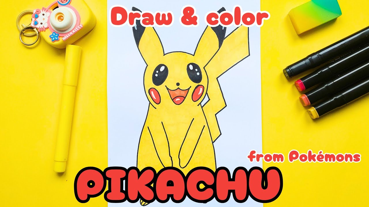 How to draw Pikachu with colour. Drawing Pikachu in easy way step-by ...