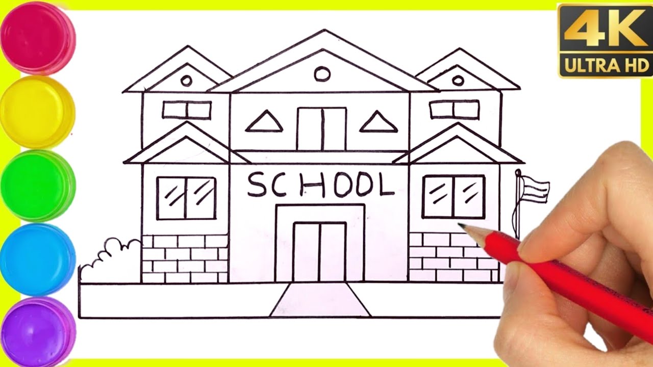 School 🏫 Drawing | Simple Drawing And Colouring | Easy Drawing Step By ...