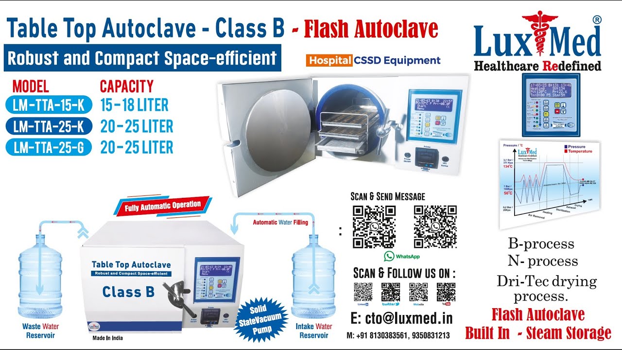 Tabletop Autoclave Class B, Flash Type – Pre and Post Vacuum, B-process ...