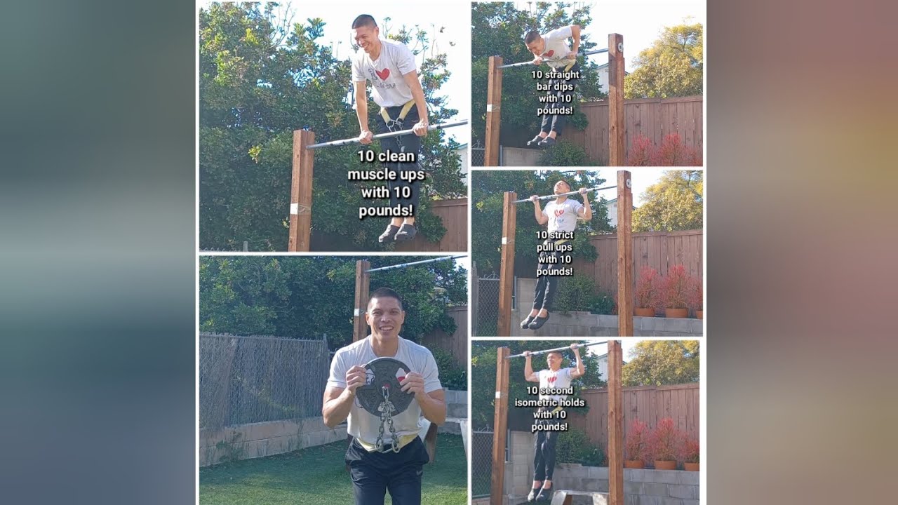 10 clean muscle ups to 10 bar dips to 10 strict pull ups to isometric ...