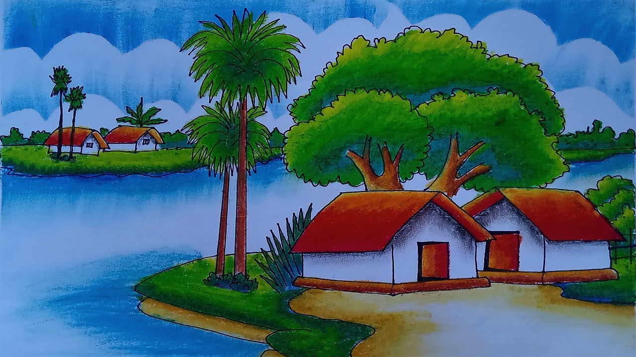 How To Draw A Riverside Village Scenery step by step Drawing Landscape ...