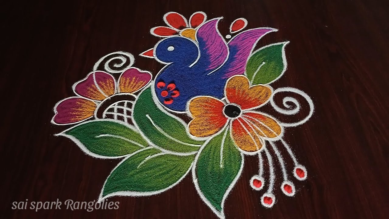 small bird rangoli | simple flower rangoli | kolam with dots | 5 pulli ...