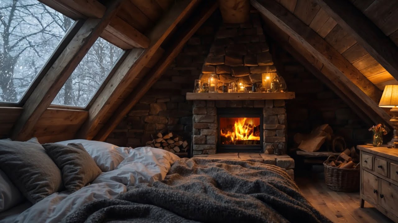 Snowy Winter Fireplace and Wind Sound Ambience | 8hr Soothing Fire and ...