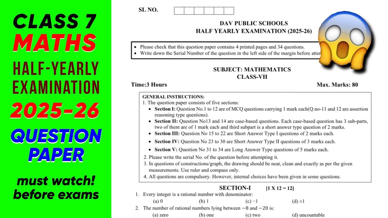 💯Maths Half Yearly Examination 2025-26 Question Paper 😱Dav Class 7 ...