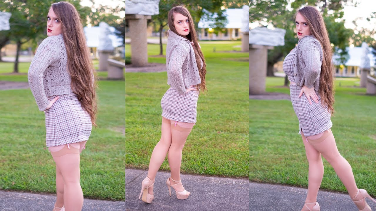 TRY ON REVIEW OFFICE LOOK, PENCIL SKIRT, TAN THIGH HIGH STOCKINGS ...