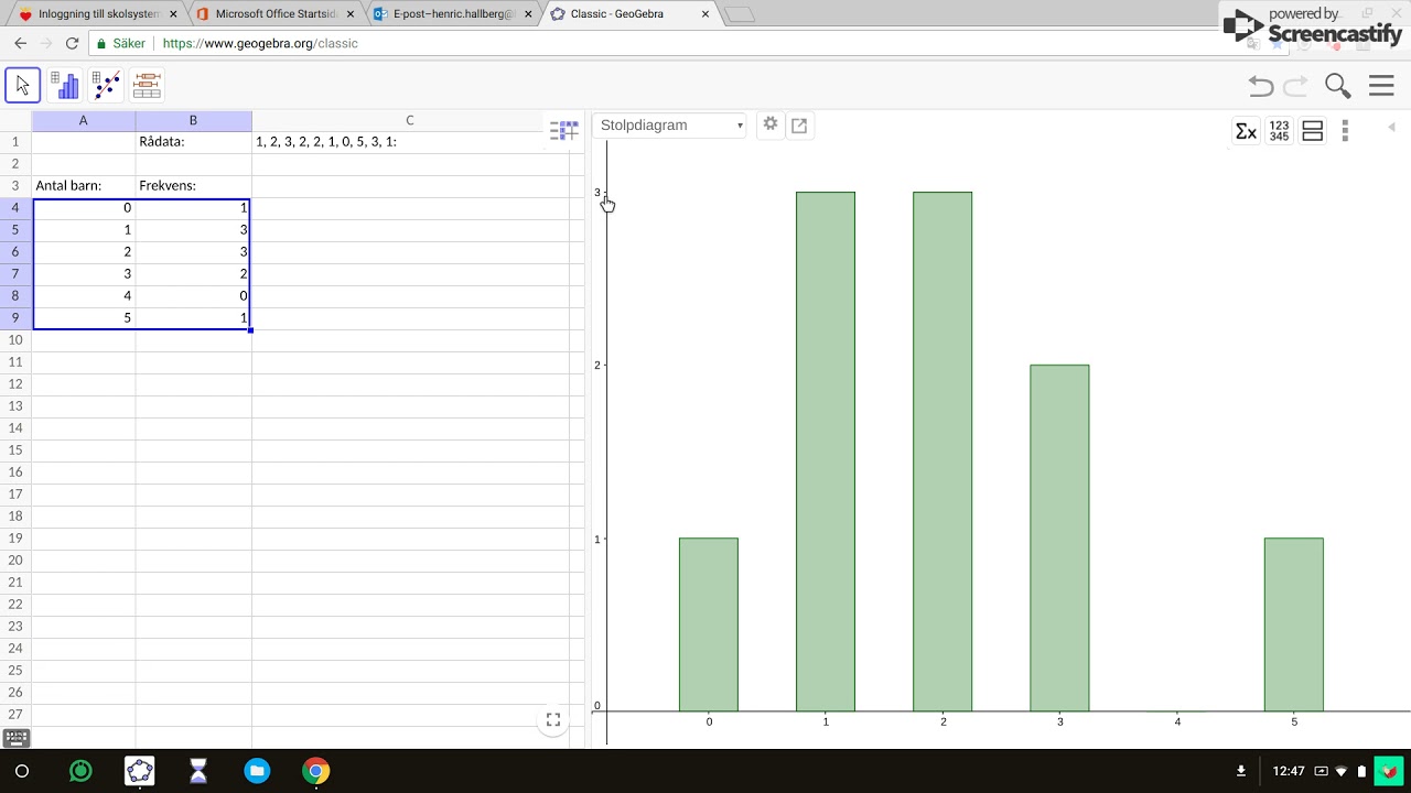 Geogebra - Kalkylblad 3 - Rådata, Frekvenstabell & Stolpdiagram - YouTube