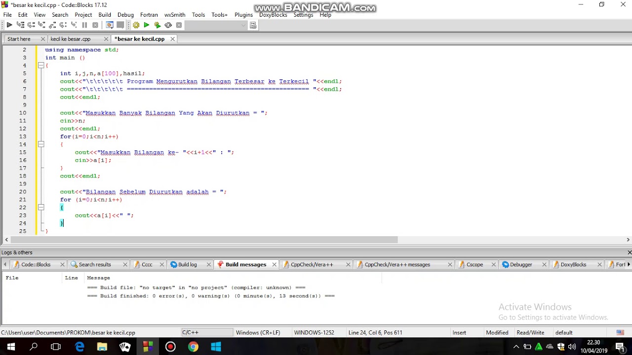 Program Mengurutkan Bilangan Terbesar ke Terkecil secara Interatif dengan C++ - YouTube