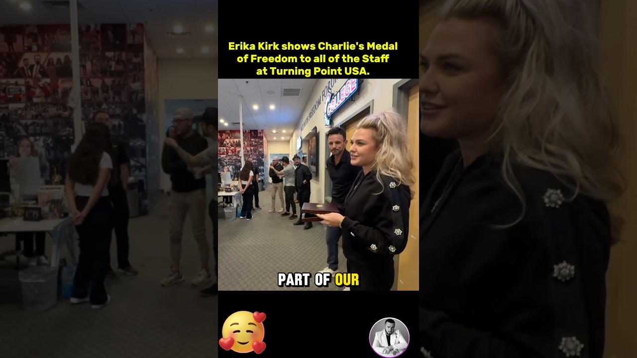 Erika Kirk shows Charlie's Medal of Freedom to all of the Staff at ...