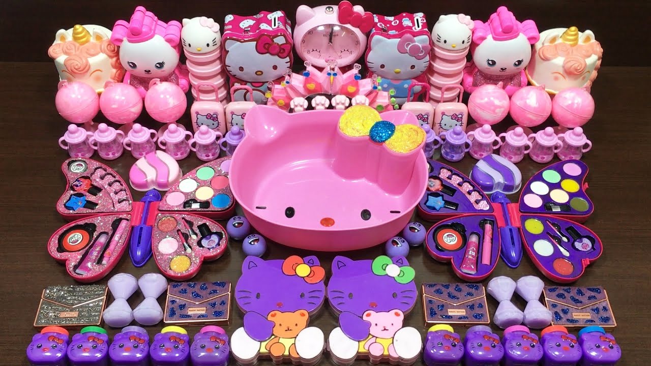 Hello Kitty Slime Pink Vs Purple | Mixing Too Many Things into Clear ...