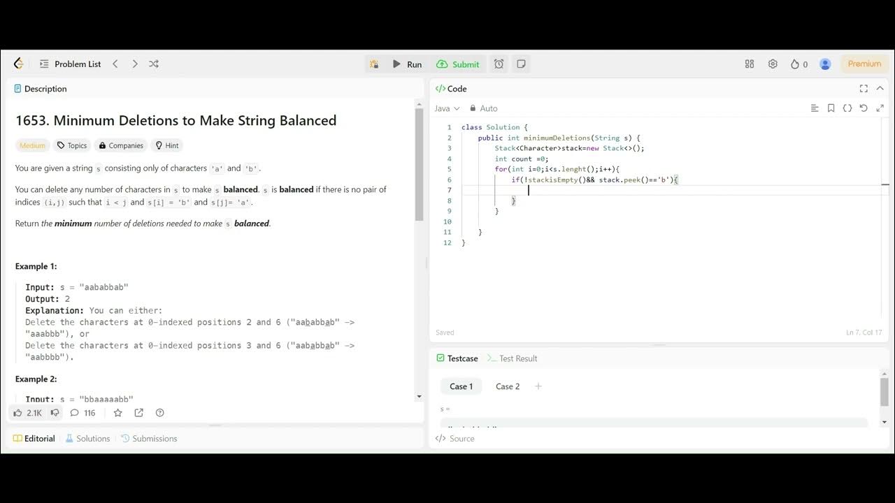 Leetcode1653 Minimum Deletion To Make String Balanced Youtube