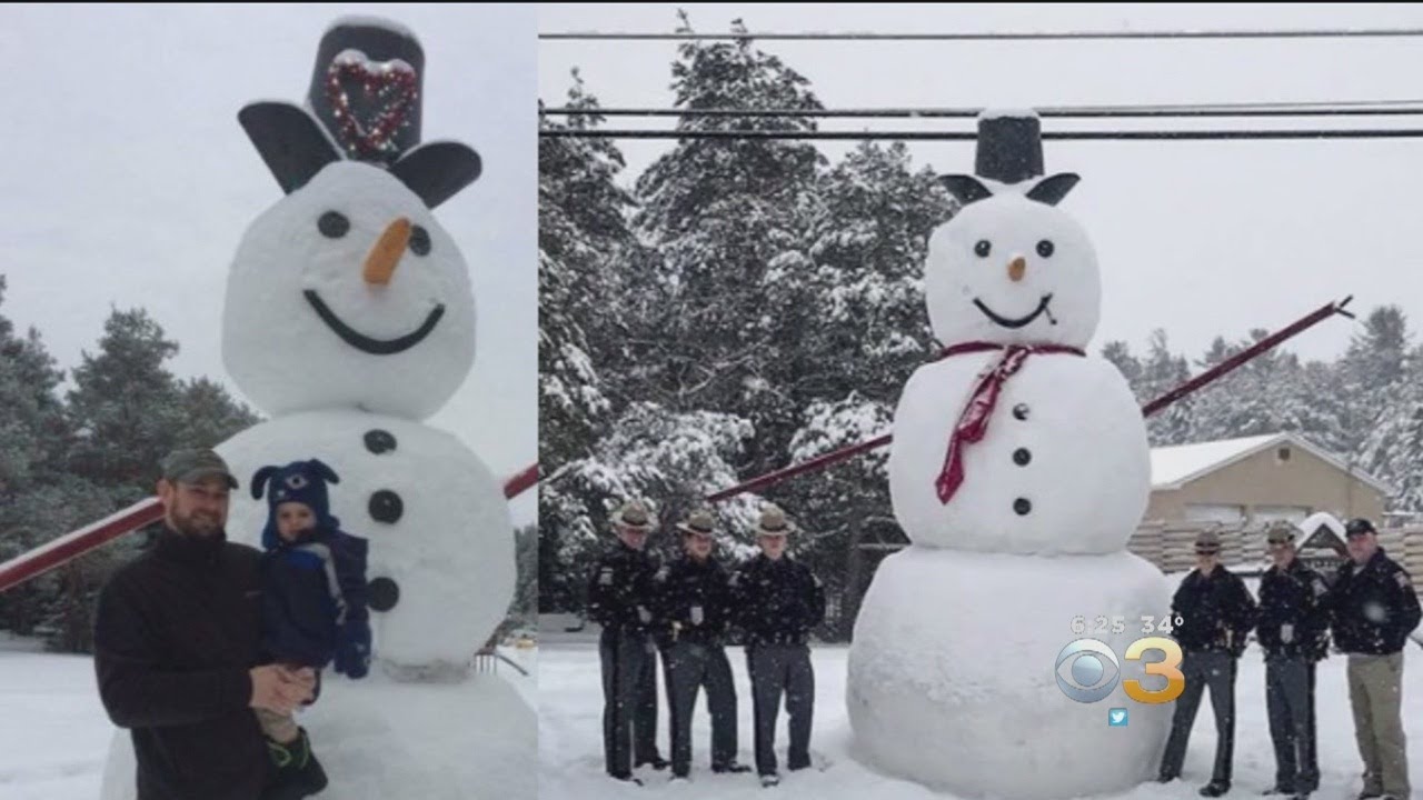 New York Family's Gigantic Snowman Needs Decoration Help - YouTube