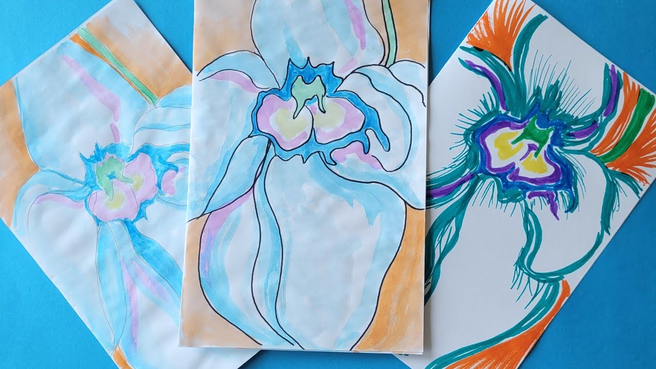 how to draw a Georgia O'Keeffe blue flower and paint with marker - YouTube