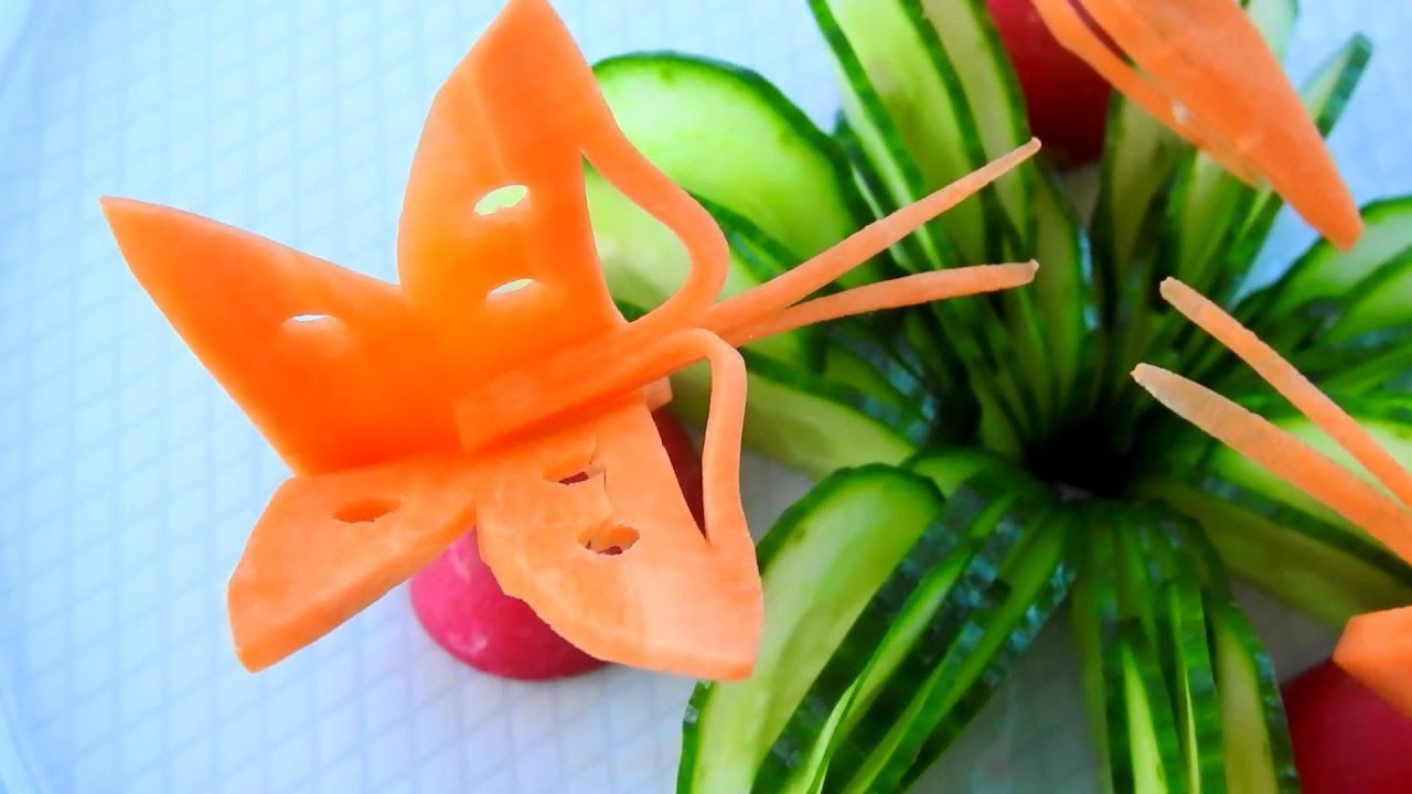 Carrot Butterfly And Cucumber Carving Garnish - YouTube