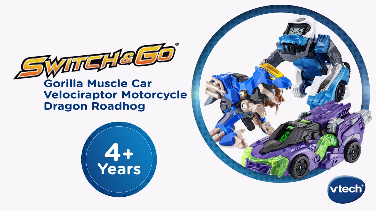 Switch & Go® Velociraptor Motorcycle, Gorilla Muscle Car & Dragon ...