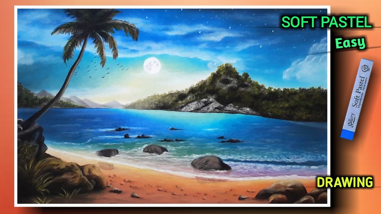 How To Draw A Scenery Of Sea Beach Step By Step | Beautiful Sea Beach ...