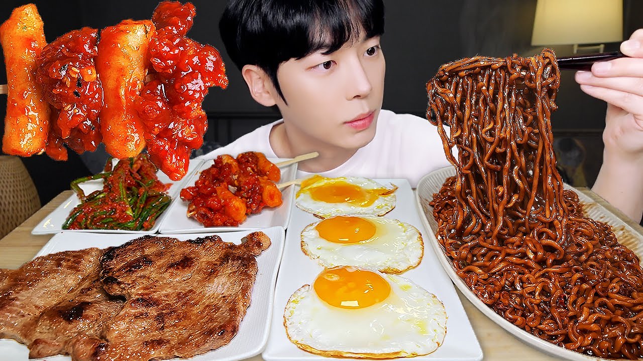 ASMR MUKBANG | 직접 만든 짜파게티 양념 치킨먹방! & 스테이크 FRIED CHICKEN AND BLACK BEAN ...