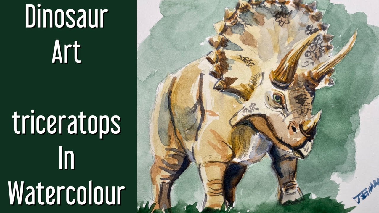 dinosaur art , triceratops in watercolour , complete process - YouTube