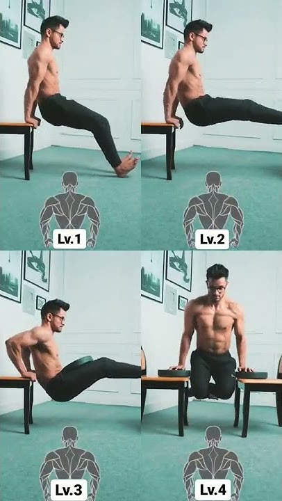 Triceps dips step-by-step tutorial for beginners to build tricep muscles at home using ...