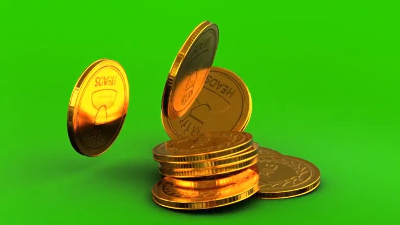 coins falling on to the ground realistic dynamics animation in green ...