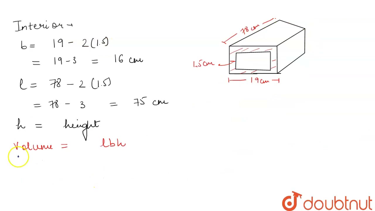 A closed rectangular box is made of wood of 1.5cm thickness. The ...