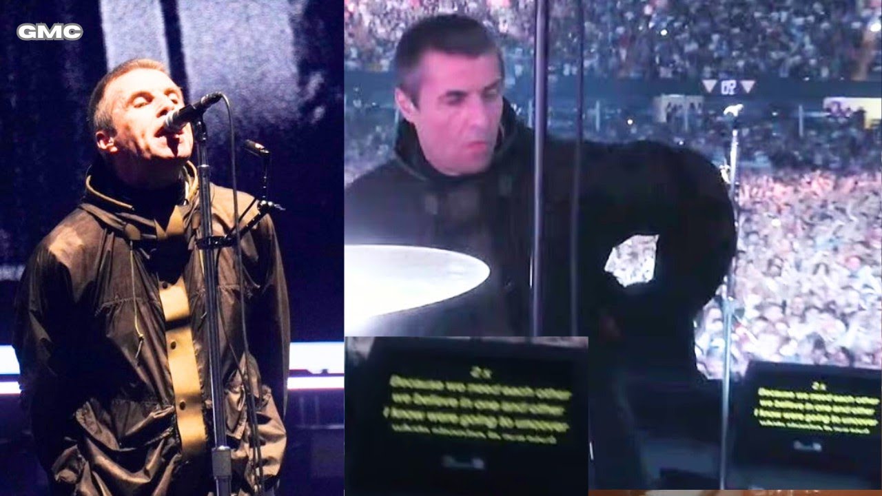 Liam Gallagher watches a Teleprompter and struggles to remember songs ...