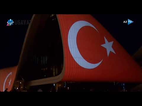Heydər Əliyev Mərkəzinin binası Türkiyə bayrağına büründü -Qürurlu görüntülər!