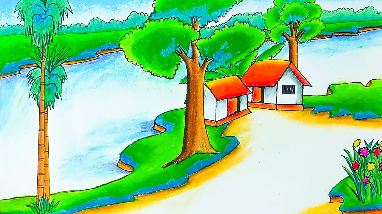 How to draw a river side Scenary / Landscape by Oil pastel scenary ...