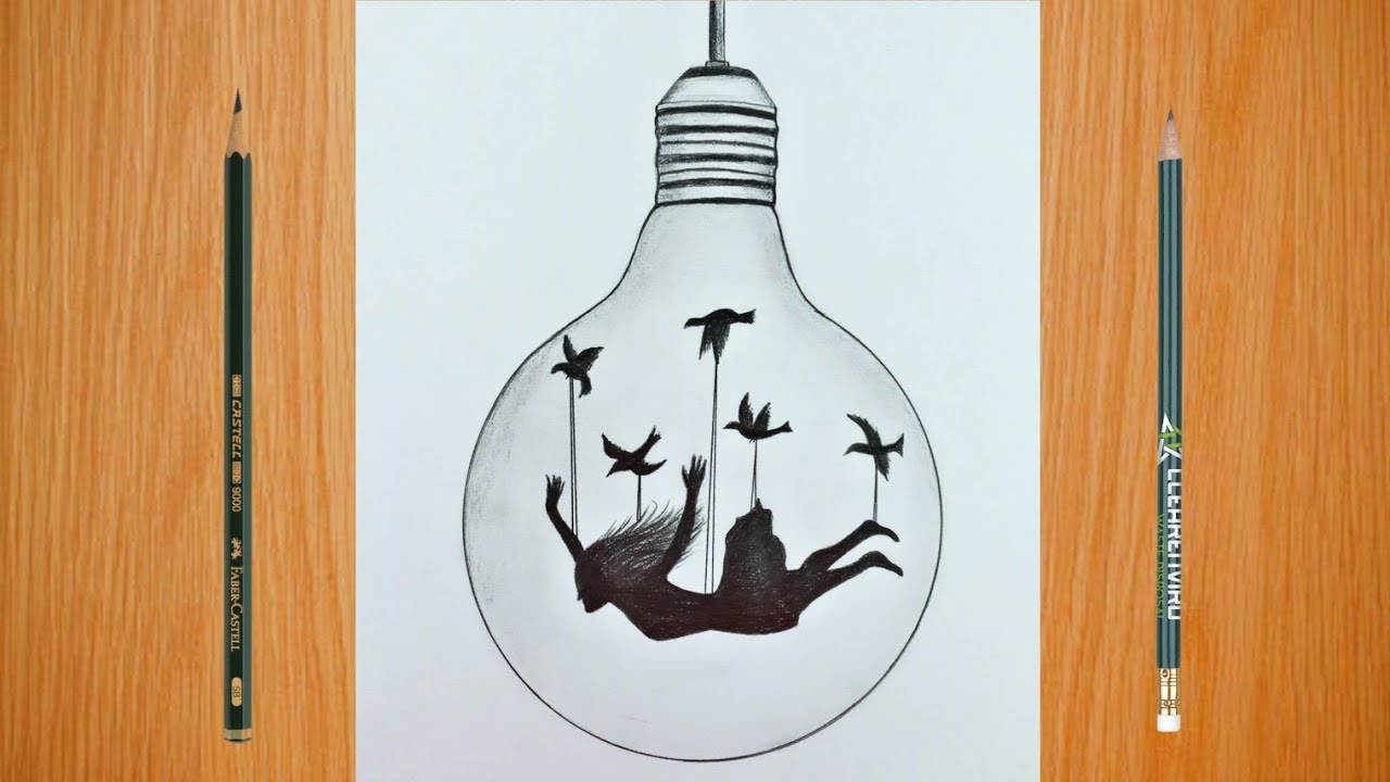 How to Draw a flying Girl inside bulb | Pencil Drawing of flying Girl ...