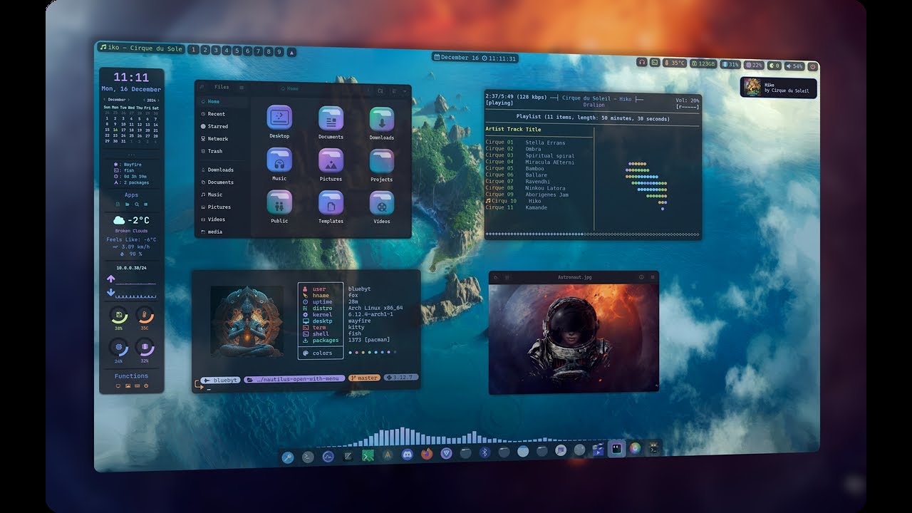 Wayfire, waybar, wf-dock, Tokyonight theme - YouTube