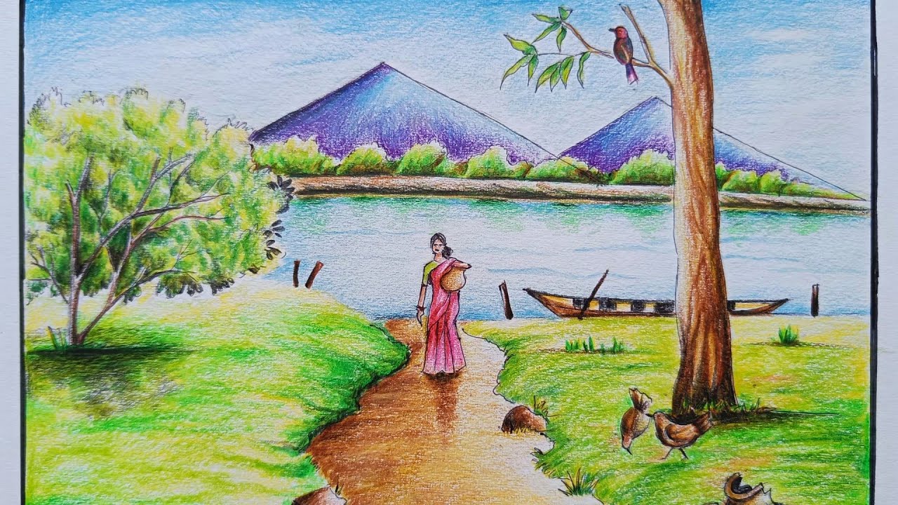 Easy Scenery for Beginners || Using Colour Pencils - YouTube