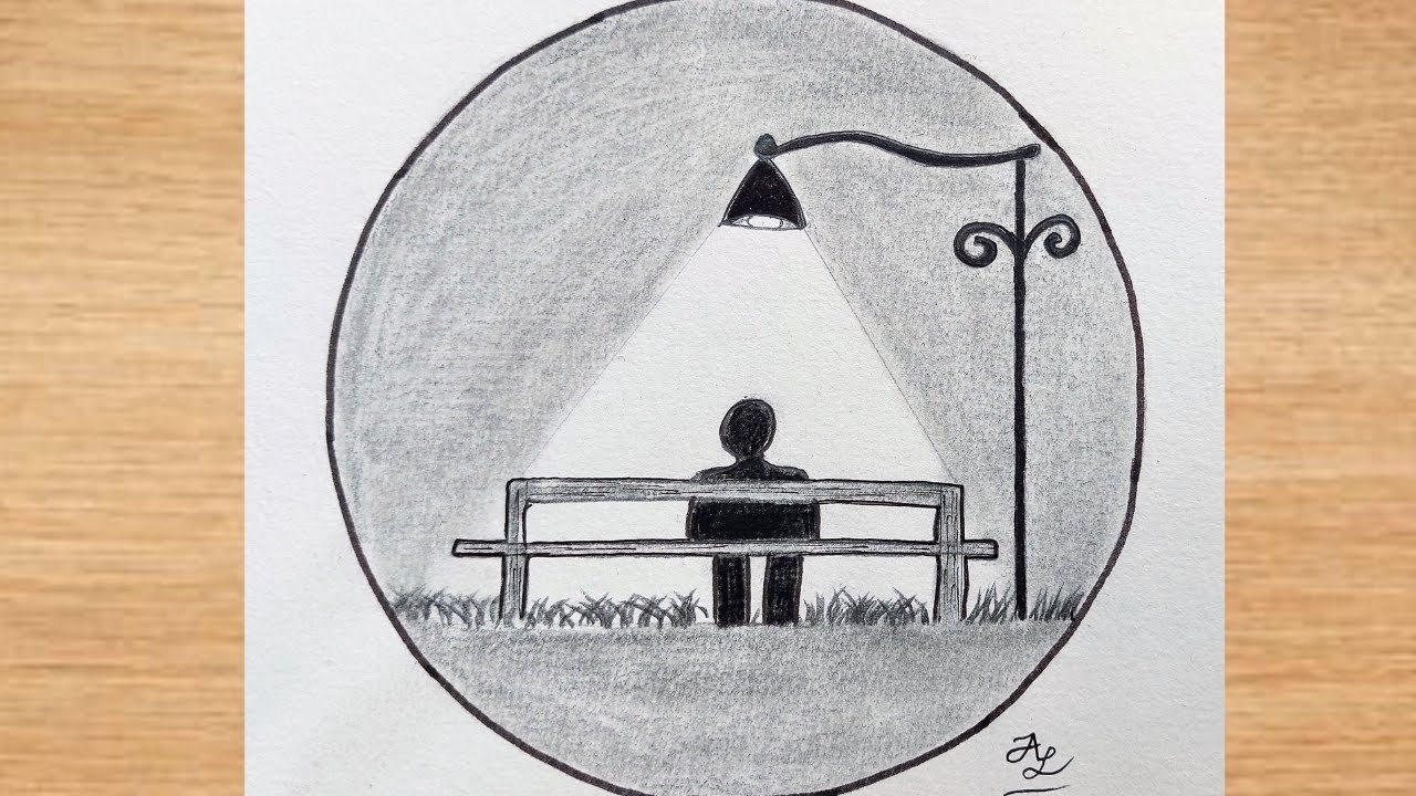 A boy sitting alone under a street lamp / Easy scenery drawing in 5 ...