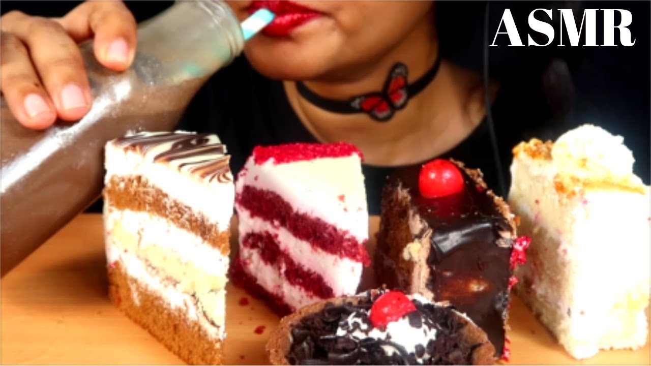ASMR:Cake eating,chocolate cake,red velvet,butterscotch (soft eating ...