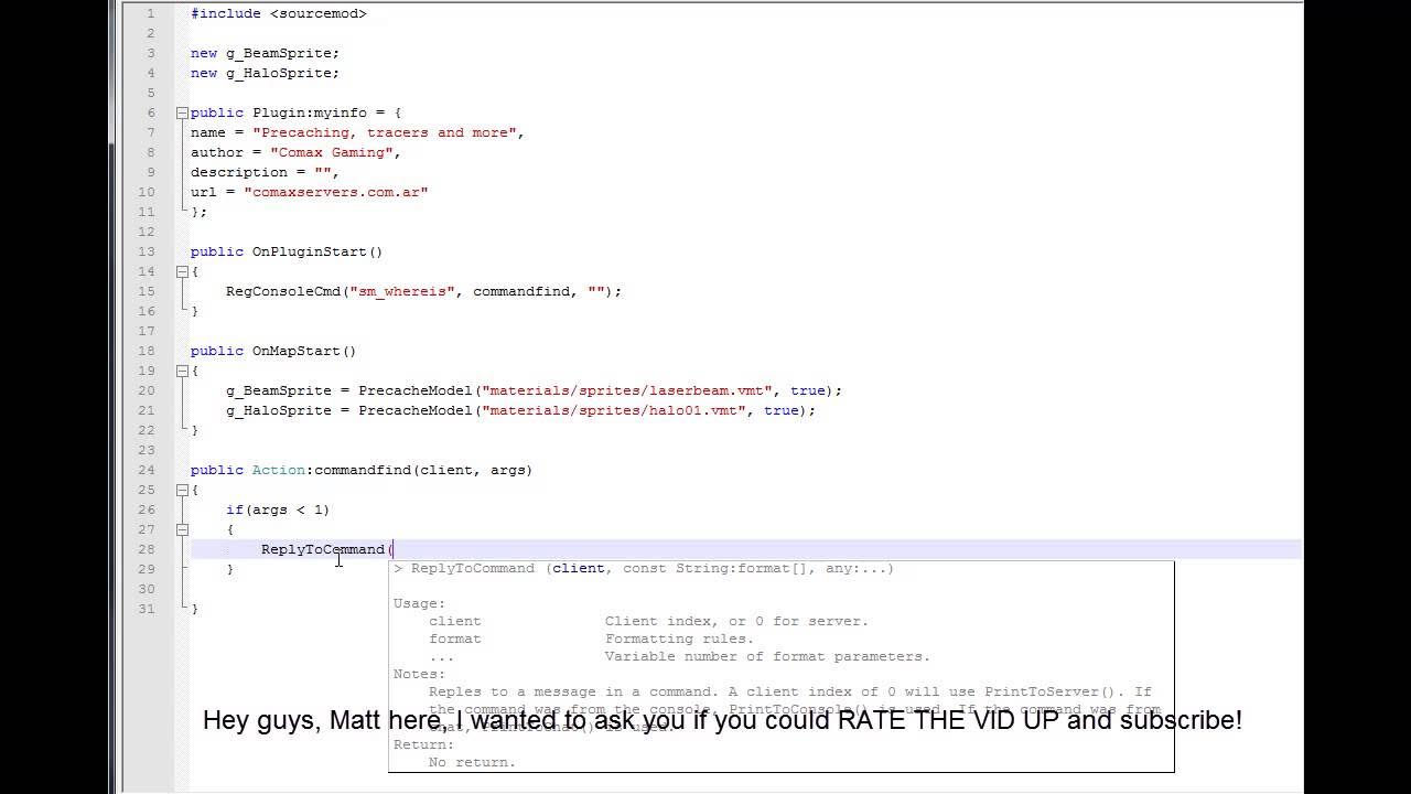 SourceMod Coding Tutorial - 13 - Tracers, Precache, SDK Tools Graphic & more - YouTube