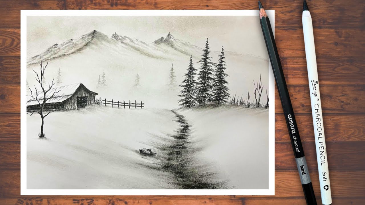 Realistic Snowy Landscape Drawing | Charcoal Winter Art - YouTube