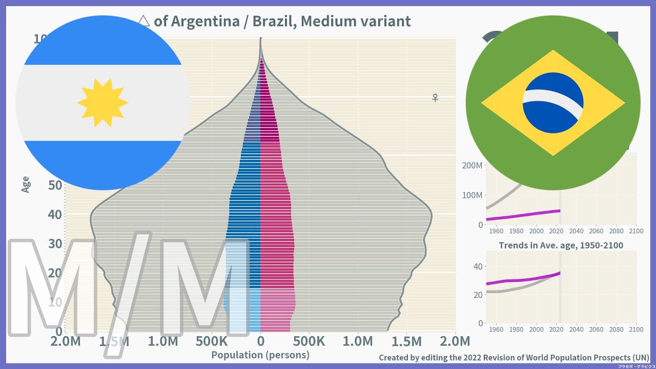[🇦🇷Argentina vs 🇧🇷Brazil] Comparison of Population Pyramids (1950-2100 ...